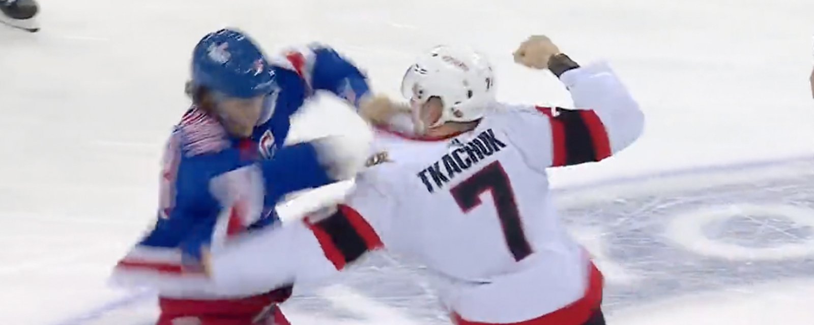 Heavyweight fight between Brady Tkachuk and Jacob Trouba at centre ice ...