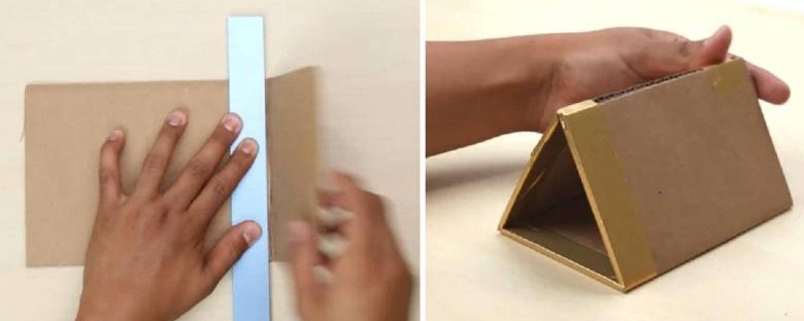 Elle forme des triangles avec du carton et du ruban et les assemble ...