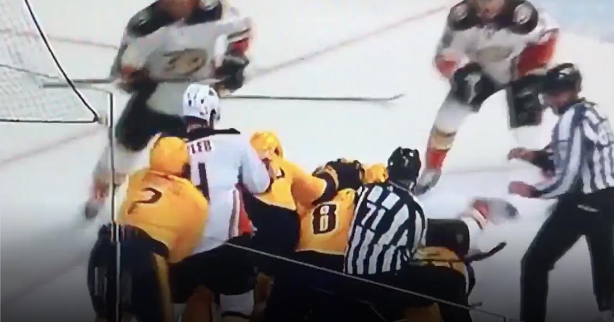 Greatest stick lift of all time, goal, and massive brawl all in one ...