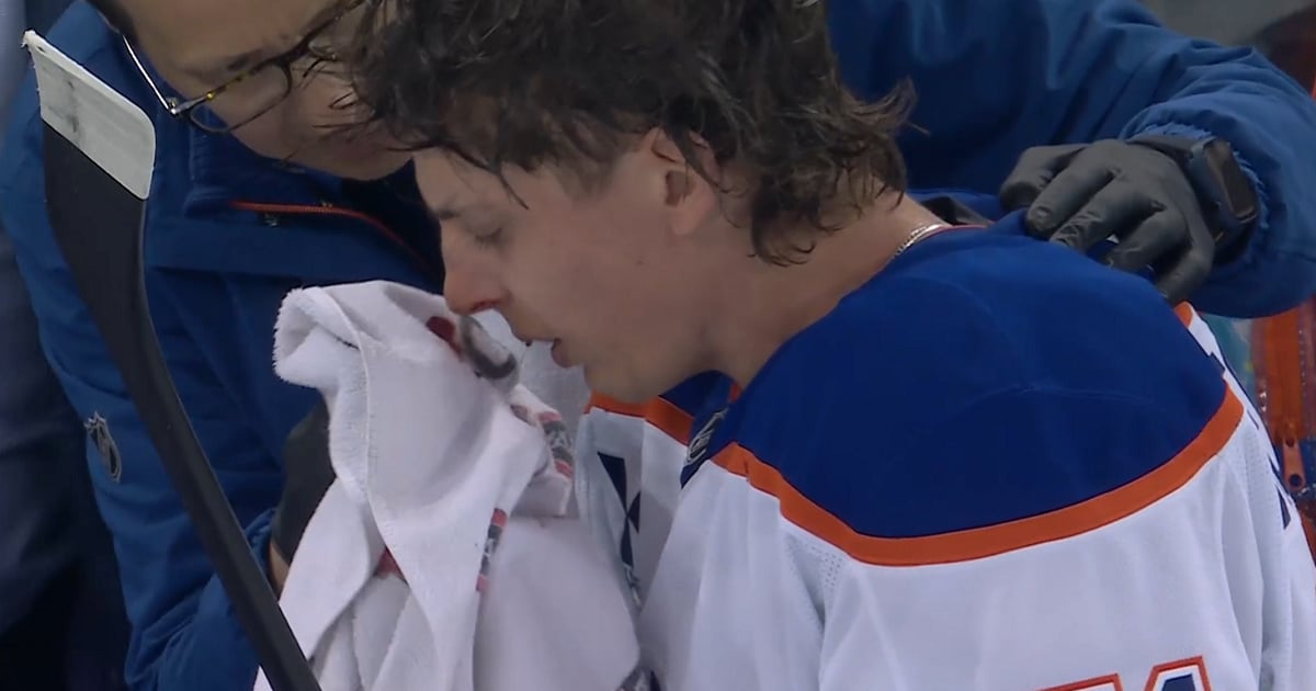 Matt Rempe busts open Troy Stecher on Sunday night. - HockeyFeed