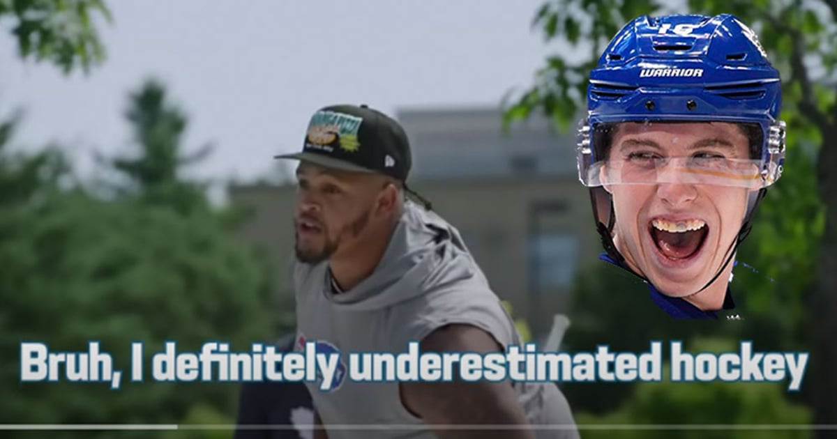 Mitch Marner takes on Bills' tackle Dion Dawkins in hilarious Hockey vs ...
