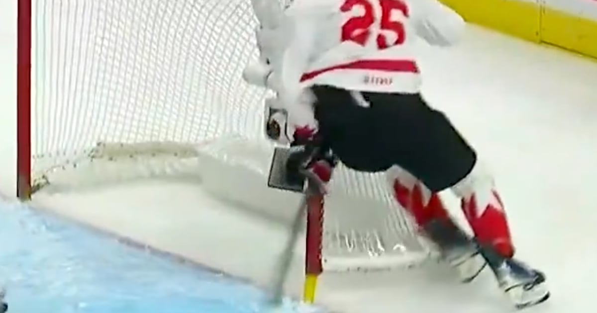 Canada’s Matthew Schaefer runs into goal post at full speed, leaves ...