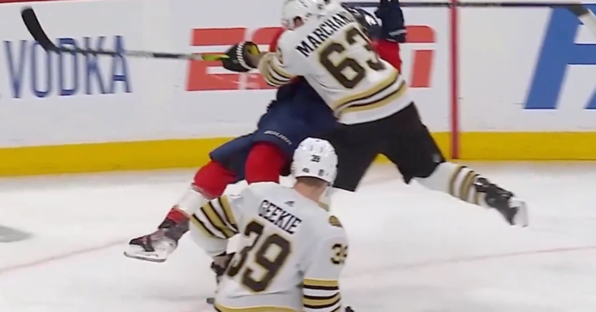 Brad Marchand levels Matthew Tkachuk in intense first minutes of Game 2 ...