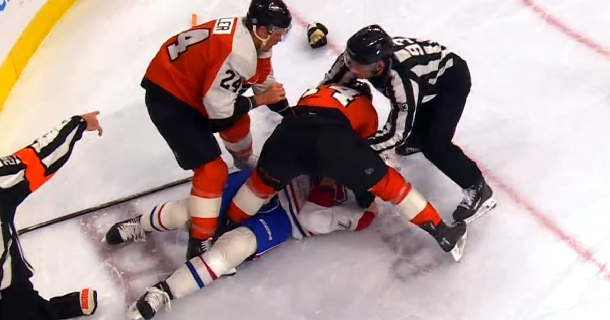 Arber Xhekaj gets jumped by 2 players, somehow gets a penalty. - HockeyFeed