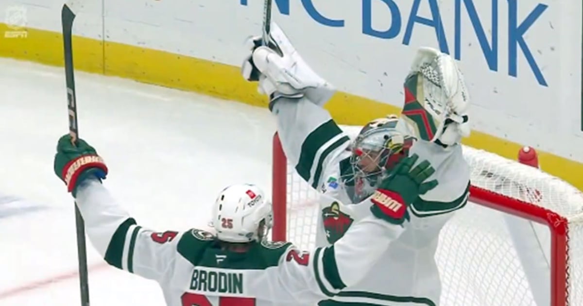 Wild goalie Gustavsson snipes a goal and celebrates with the boys on ...